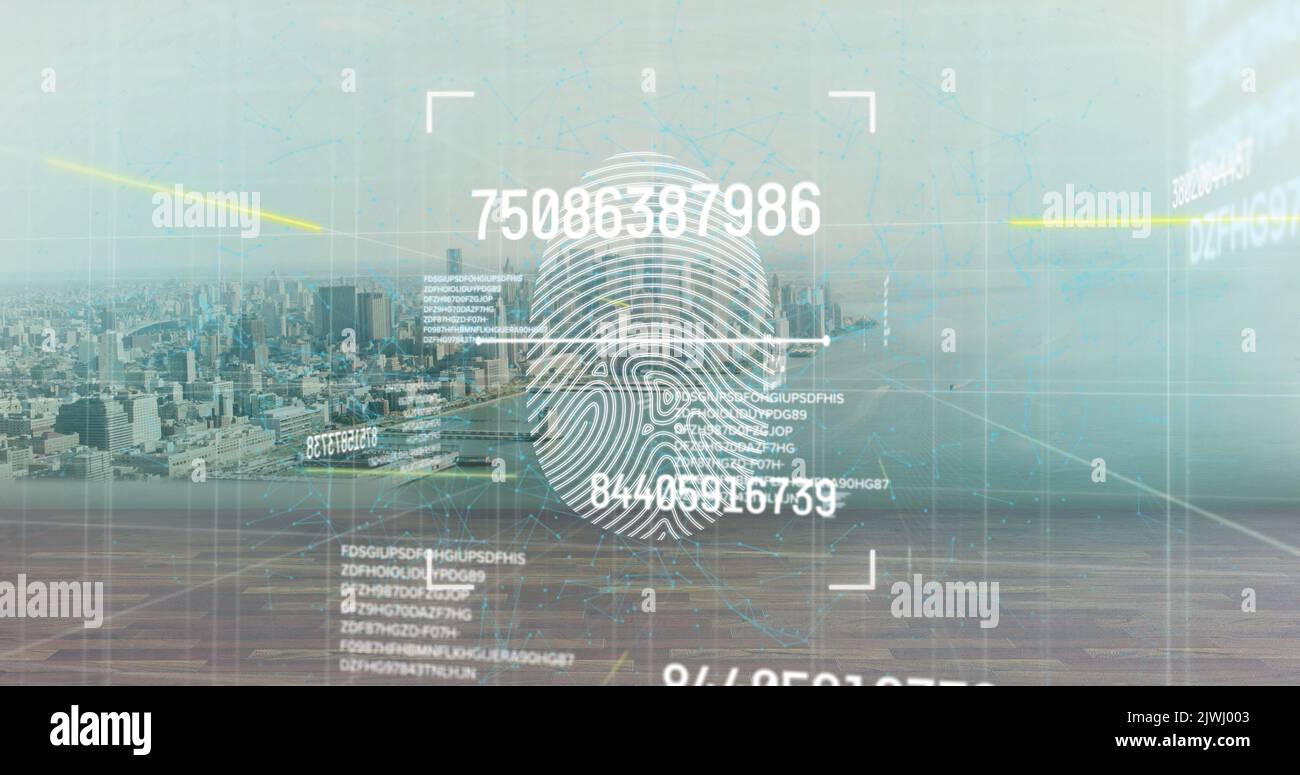 Image of data processing and fingerprint over cityscape Stock Photo - Alamy