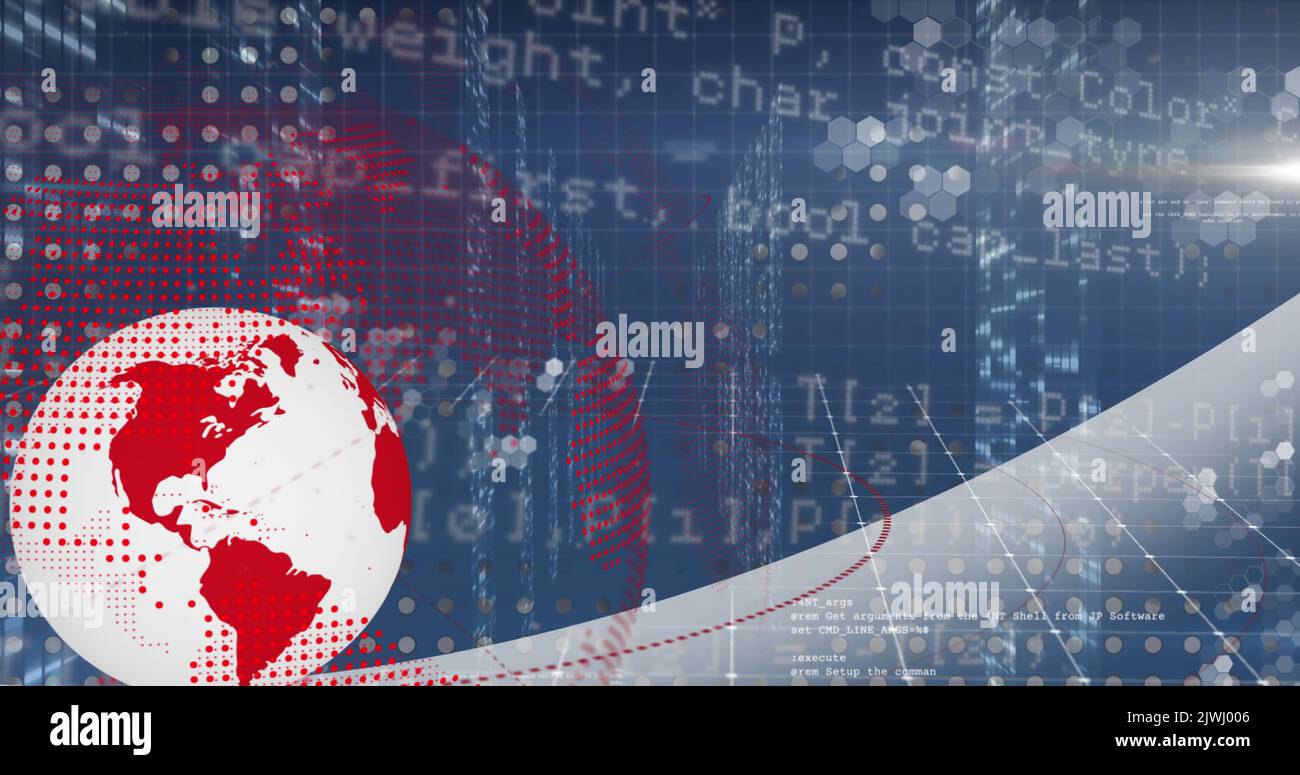 Image of spinning globe and data processing over grid network against blue background Stock ...