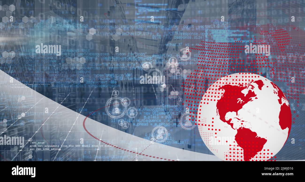 Image of spinning globe, profile icons and data processing over empty ...