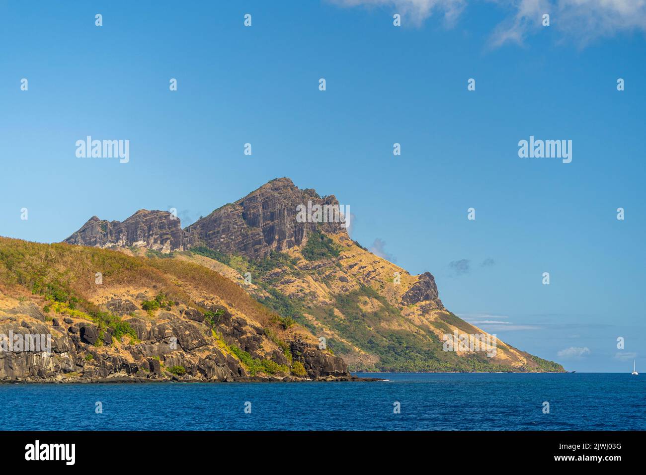 Rugged mountainous volcanic peaks of Waya Island, Yasawa Islands, Fiji ...