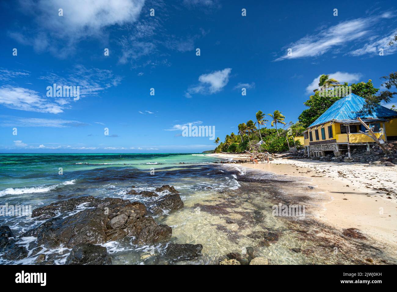 Yellow bungalows at family run homestay in village on Nanuya LaiLai ...