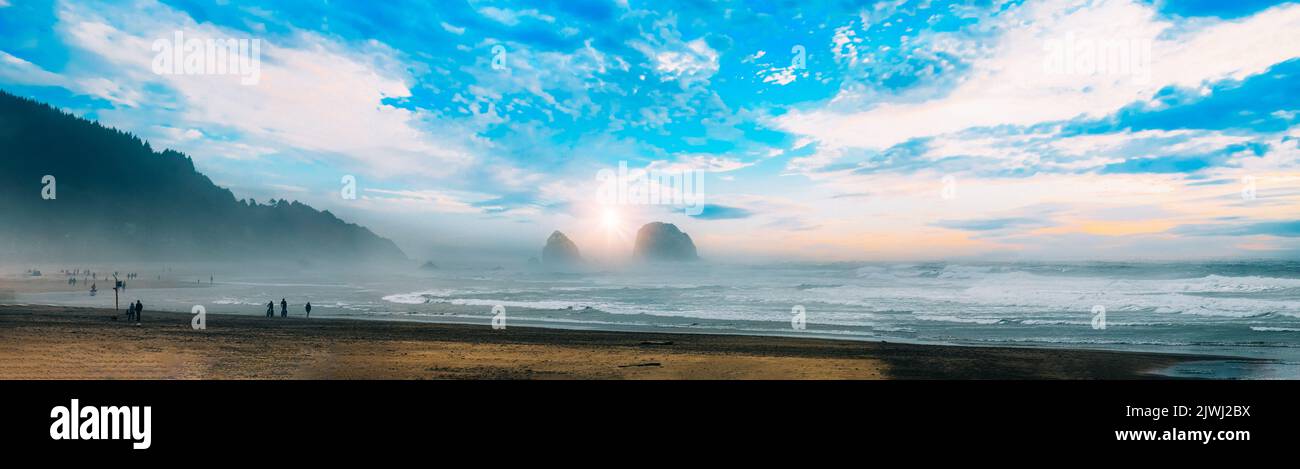 USA, Portland, Oregon, scenic Cannon Beach Haystack Rock formations on ...