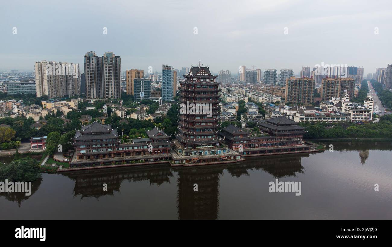 A drone view of the Dongpo Urban Wetland Park near Minjiang river ...
