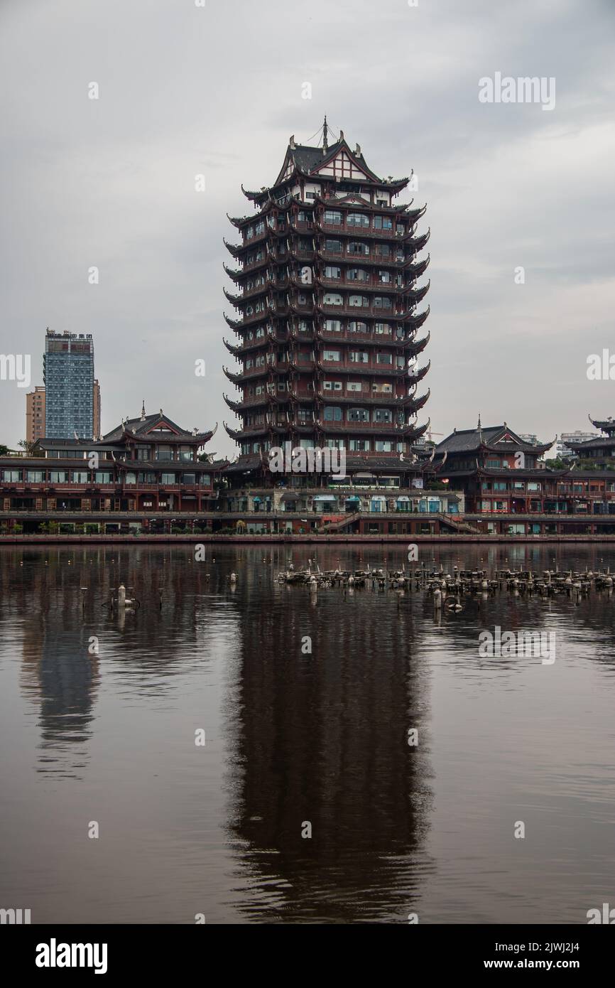 A vertical shot of the Dongpo Urban Wetland Park main building near ...