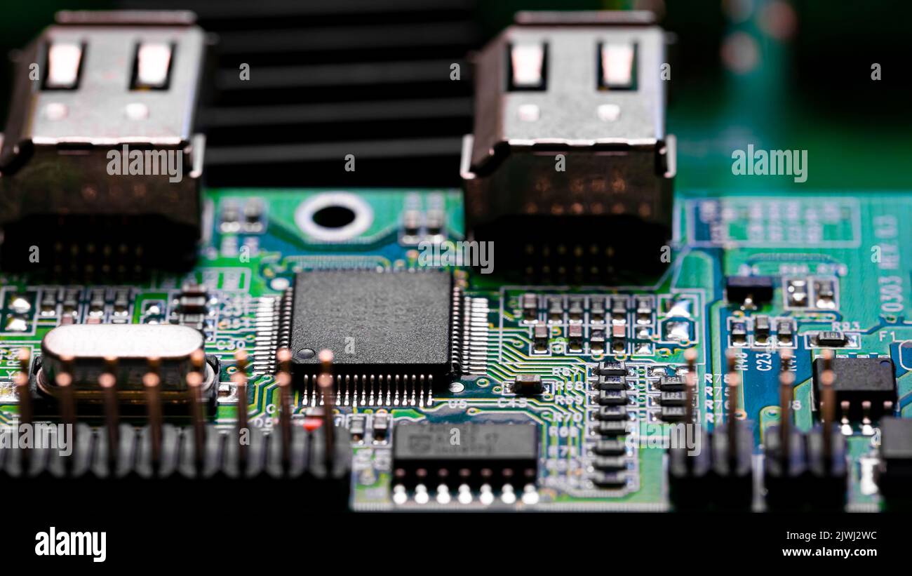 Macro Close up of components and microchips on PC circuit board Stock ...