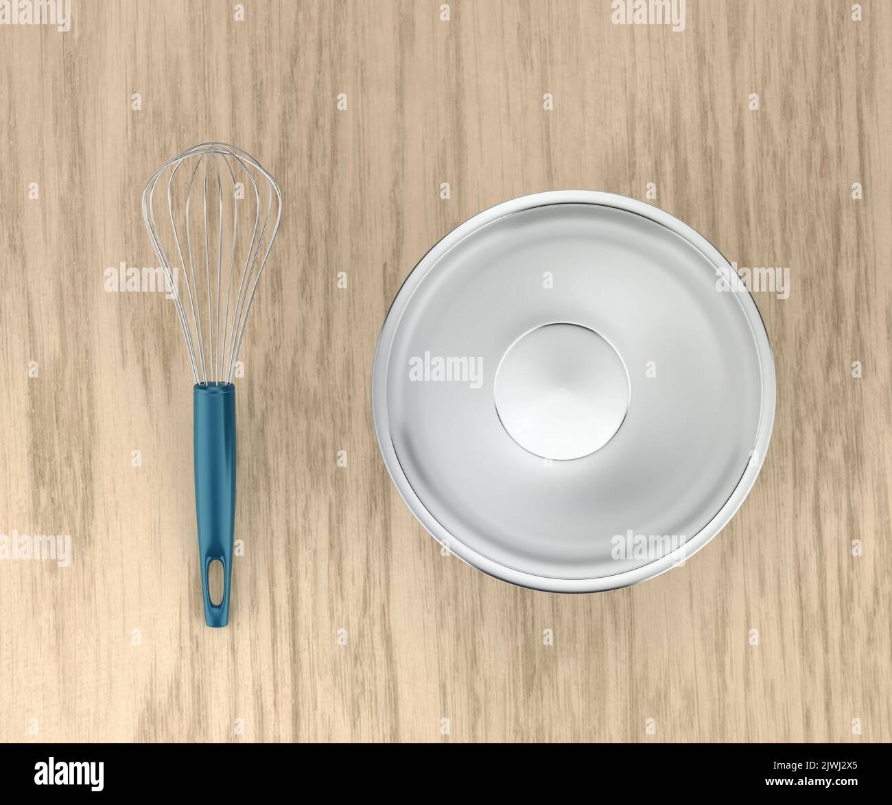 Balloon whisk and metal bowl on wood table, top view Stock Photo - Alamy
