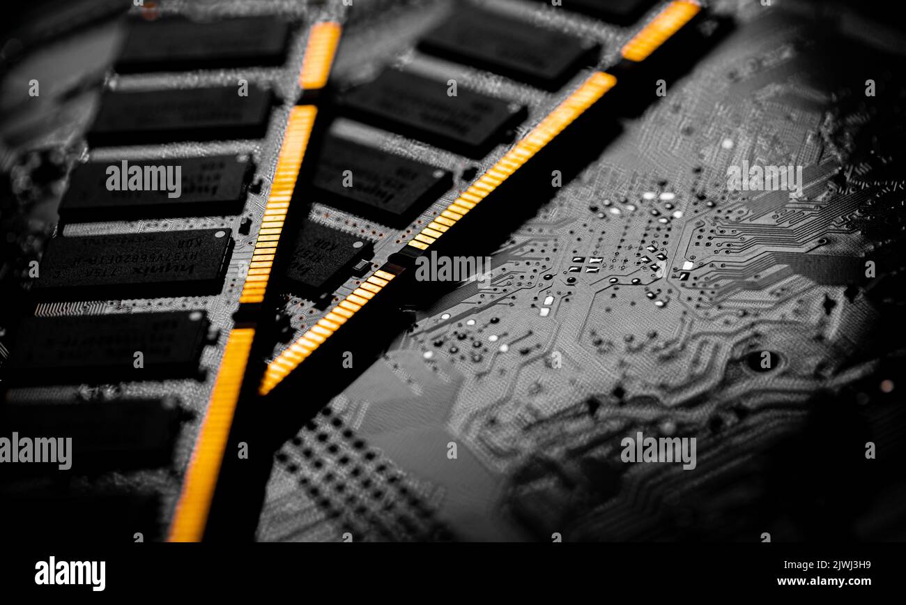 Macro Close up of computer RAM chip; random access memory chip slot for ...