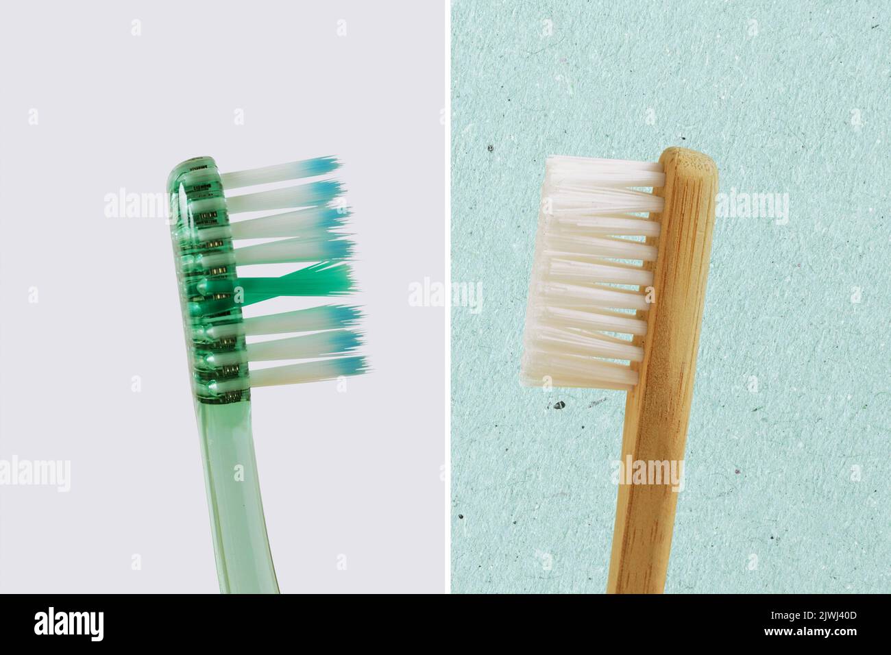 Plastic and wooden toothbrush - Concept of ecology and plastic ...