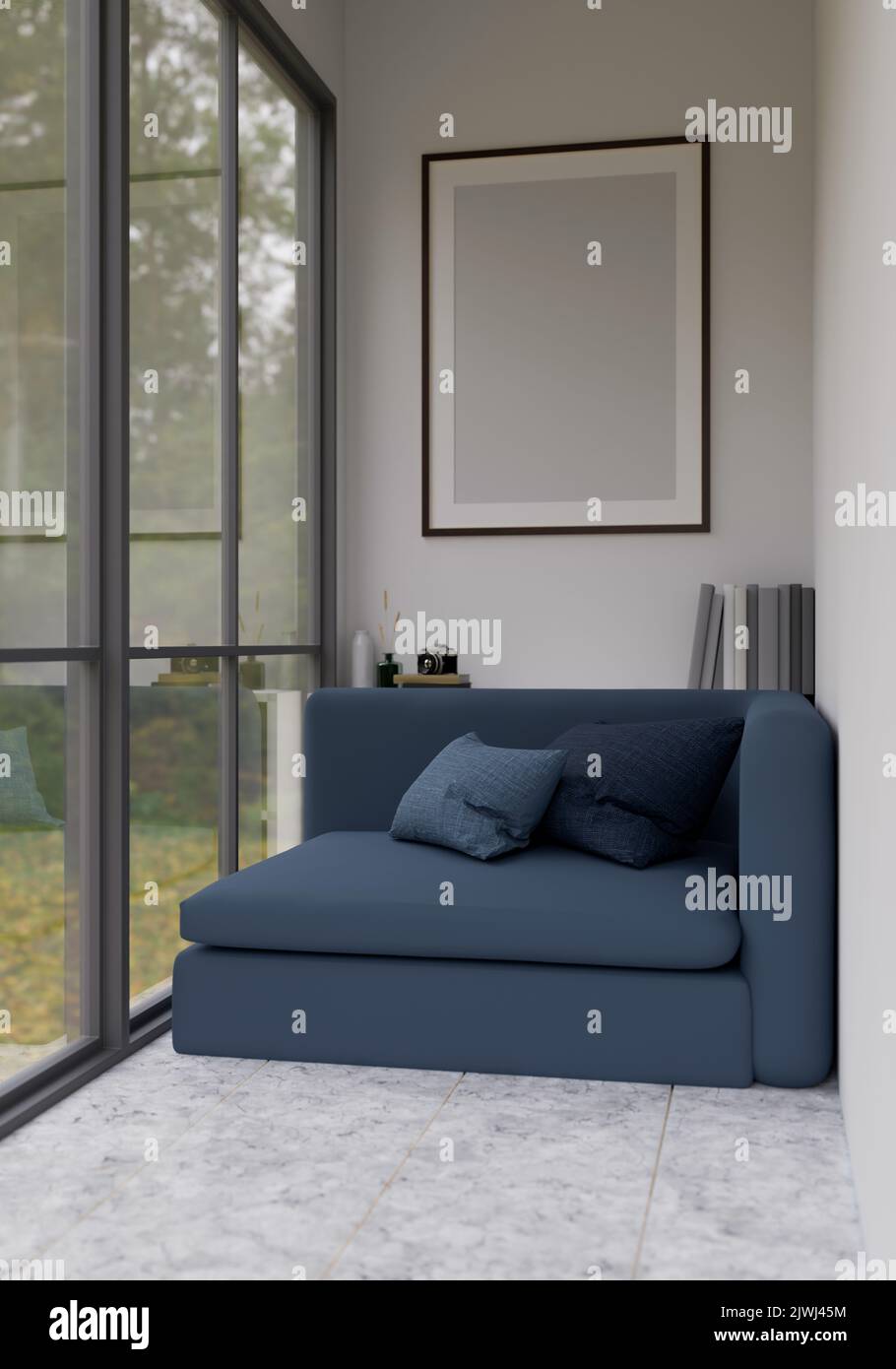 Modern home relaxing area interior design with comfy blue corner sofa ...