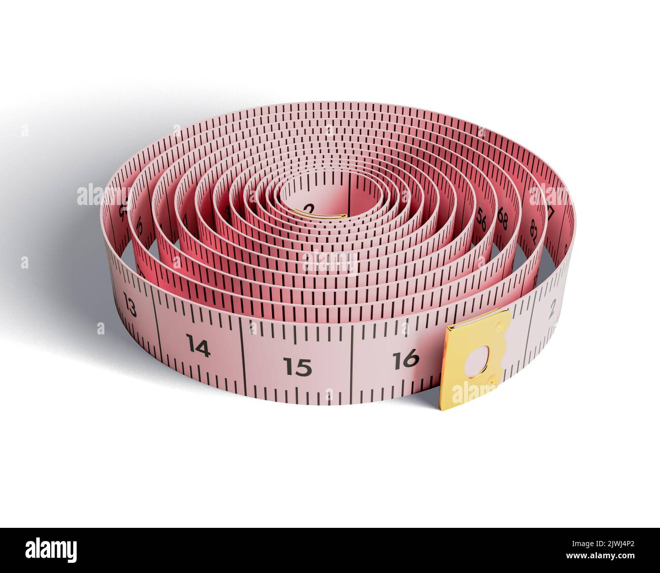 A pink taylors measuring tape with measurements wound up in a coil ...