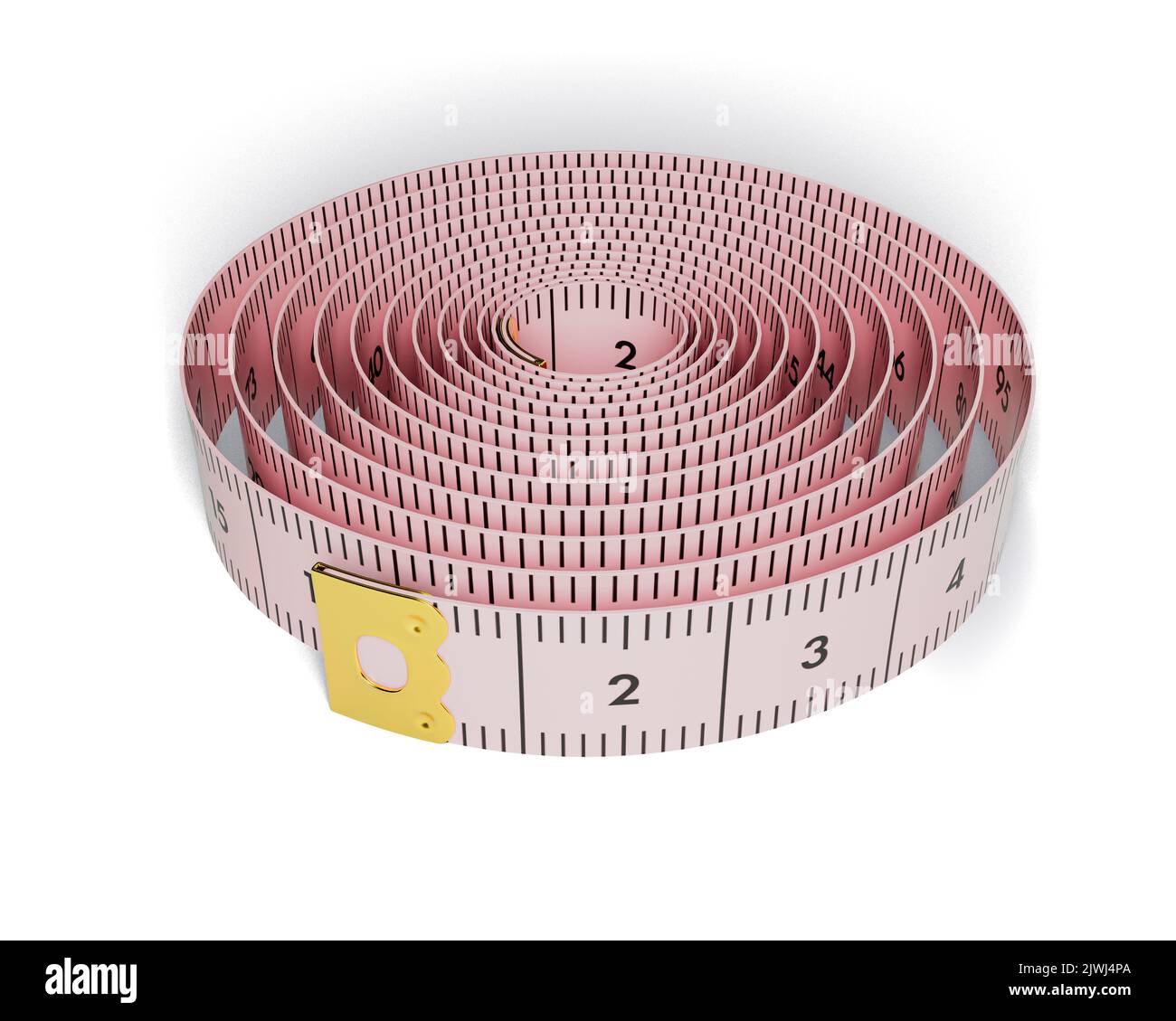 A pink taylors measuring tape with measurements wound up in a coil ...