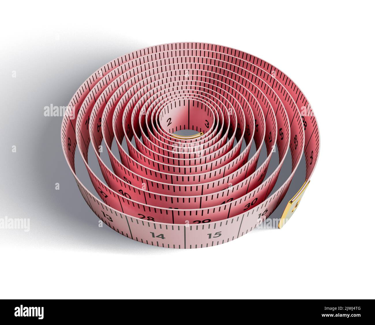 A pink taylors measuring tape with measurements wound up in a coil ...