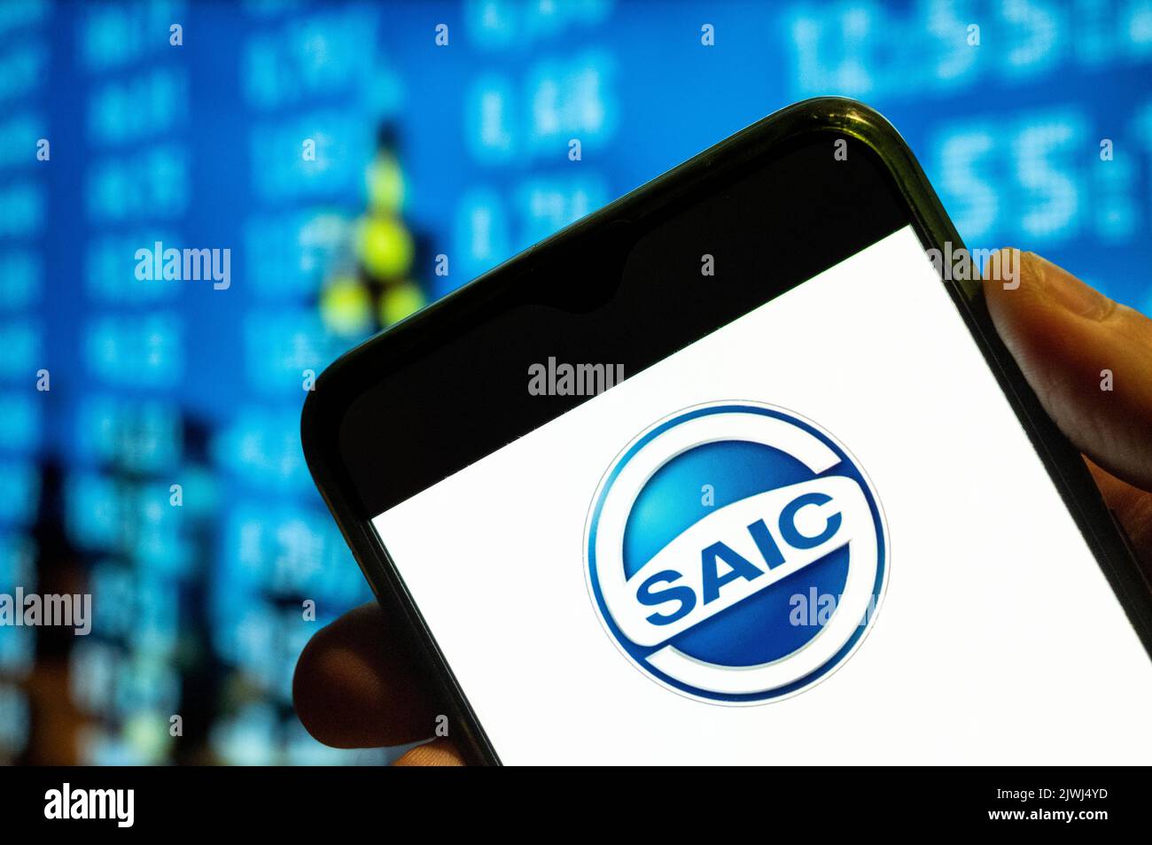 In this photo illustration, the Chinese automaker Saic Motor logo is ...