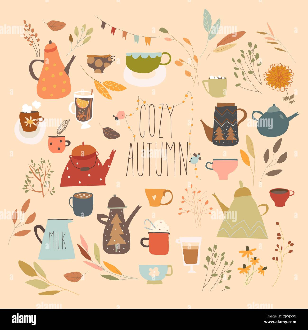 Cartoon Set with Different Cups, Kettles and Autumn Color Leaves Stock ...