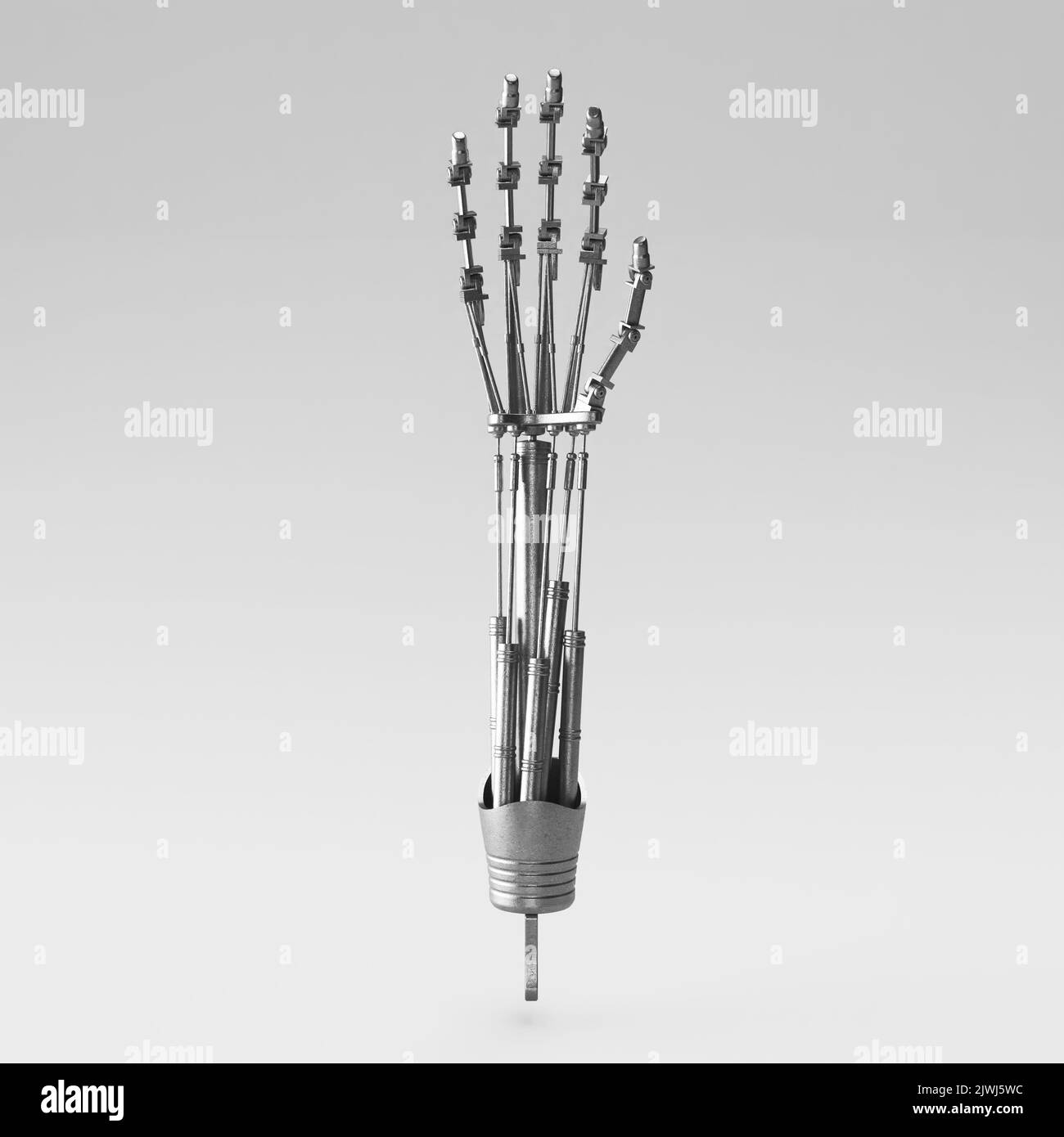 A skeleton like mechanical robotic arm made of steel on a light studio ...