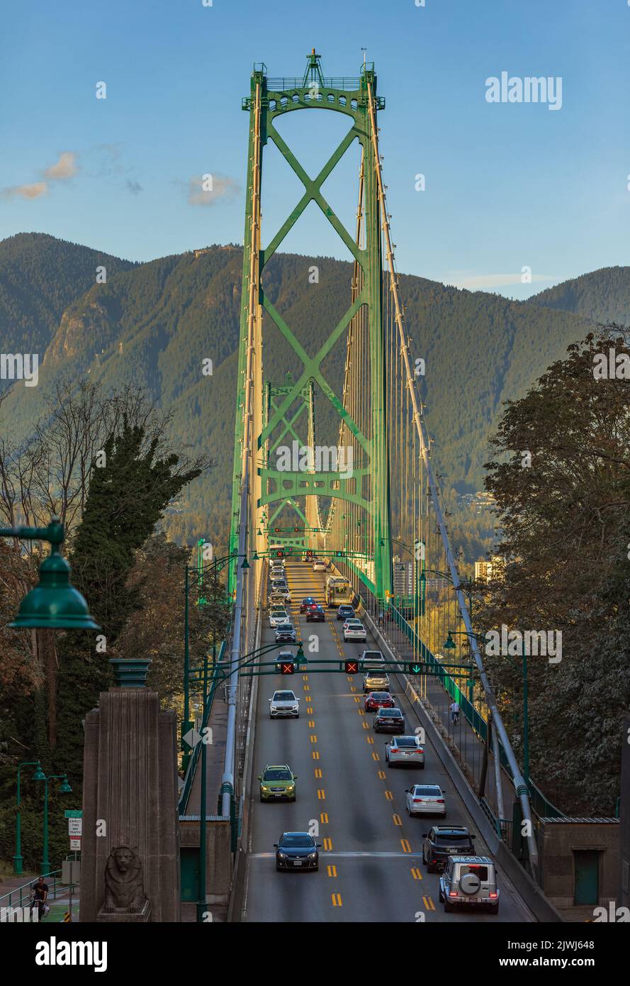 Lions Gate Bridge with traffic in Vancouver Canada, View from Stanley ...