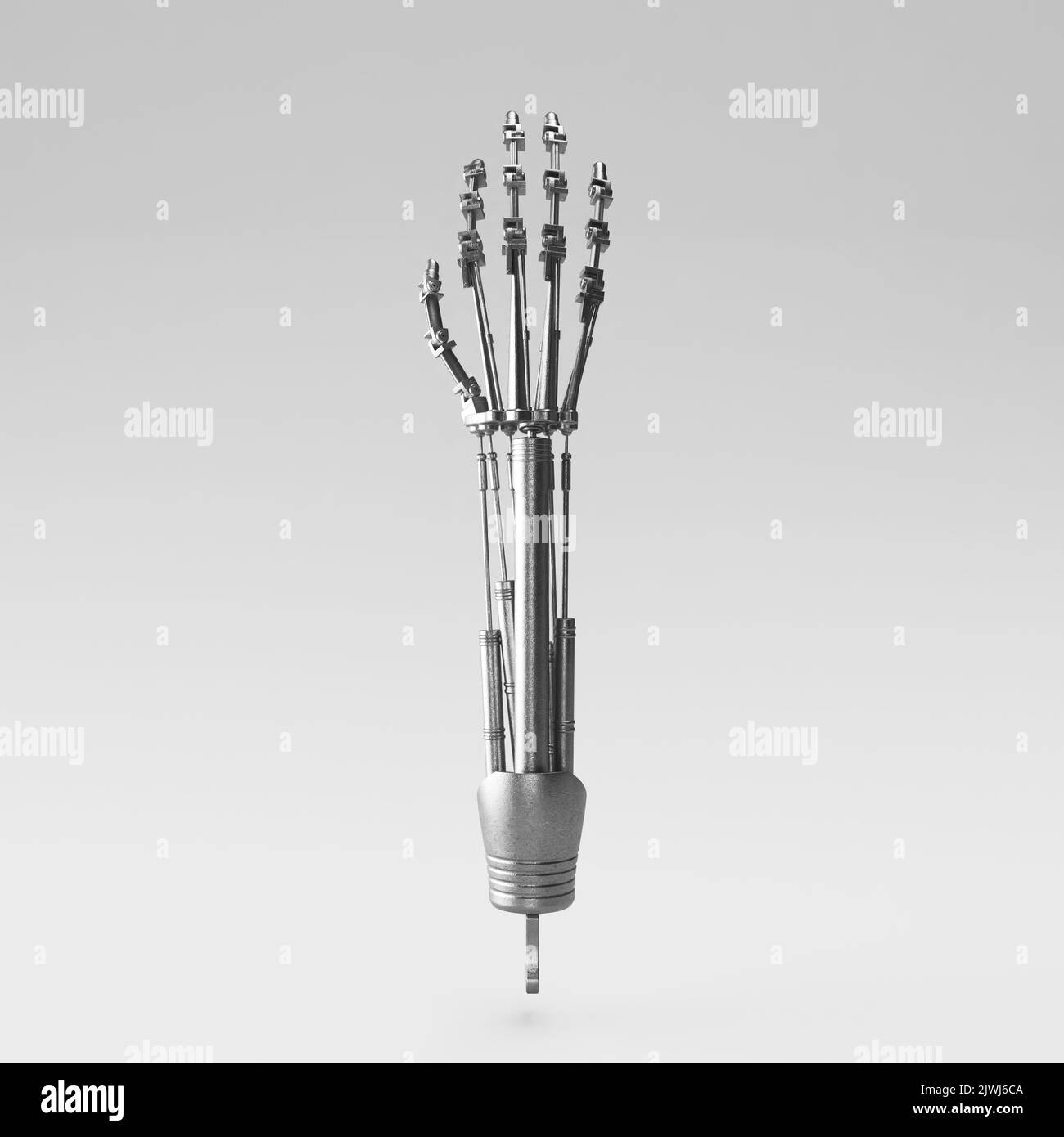 A skeleton like mechanical robotic arm made of steel on a light studio ...