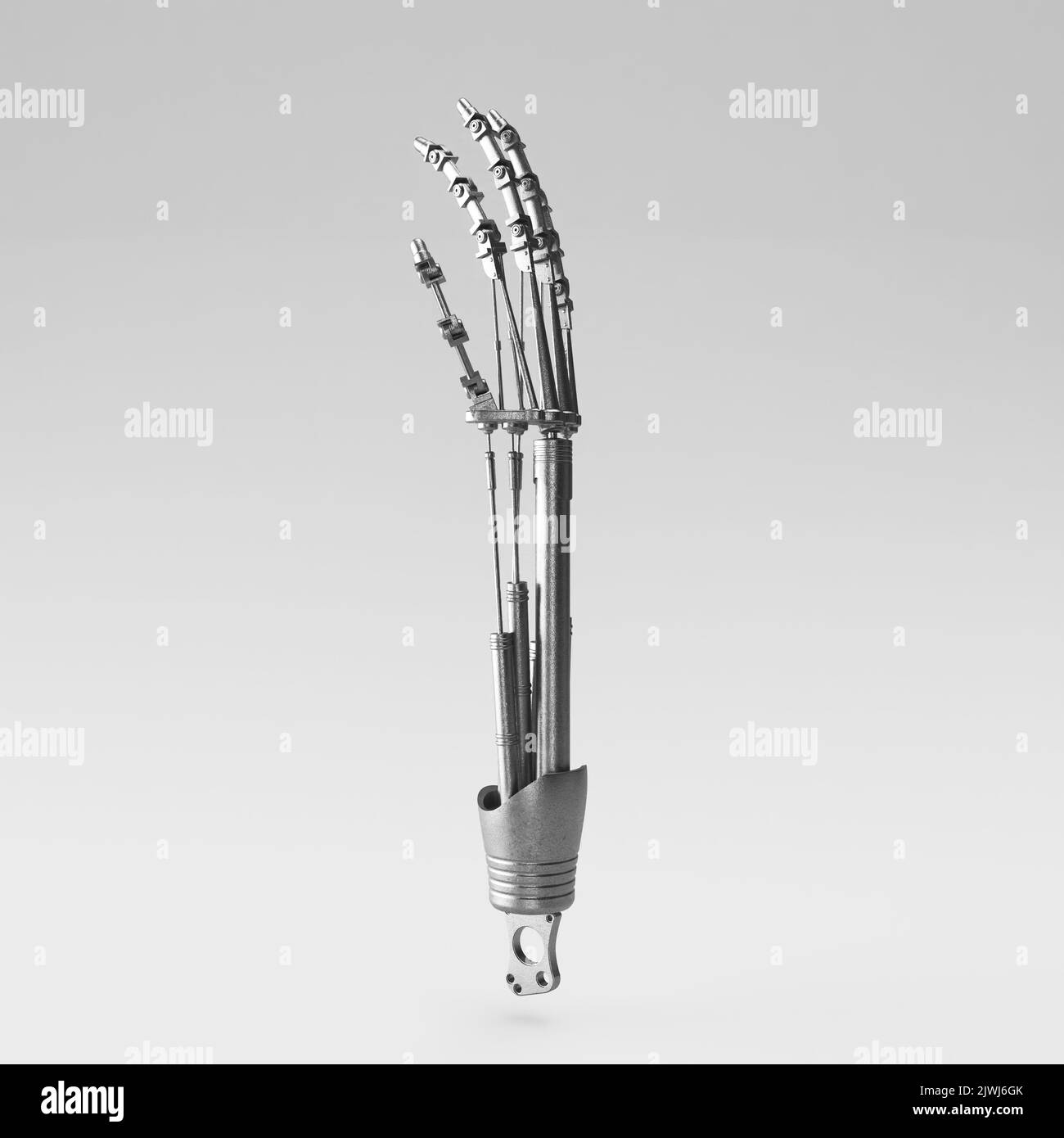 A skeleton like mechanical robotic arm made of steel on a light studio ...