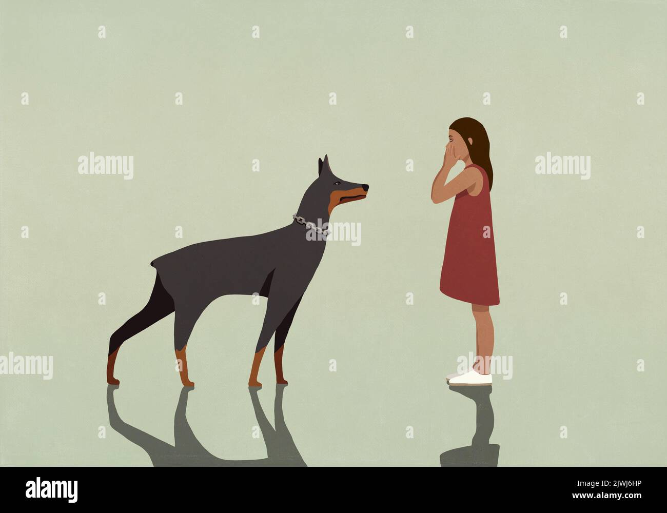 Afraid girl and Doberman Pinscher face to face on green background ...