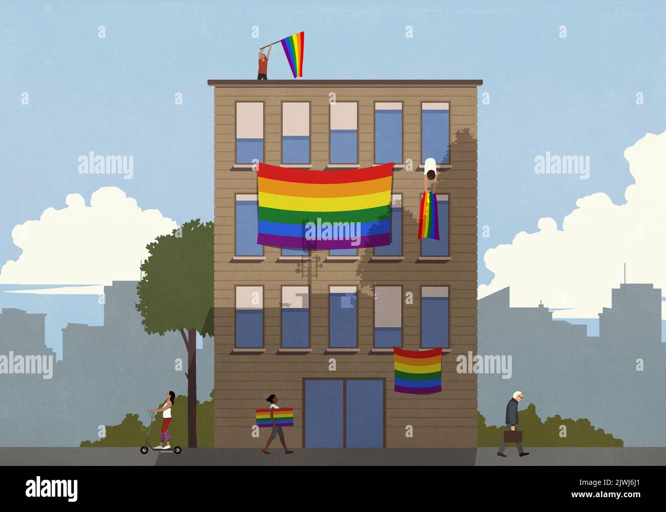 Rainbow pride flags hanging from urban building Stock Photo - Alamy
