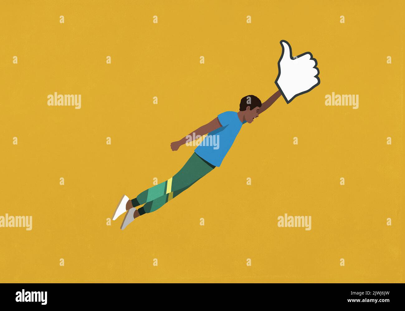 Man riding flying social media like button against yellow background ...