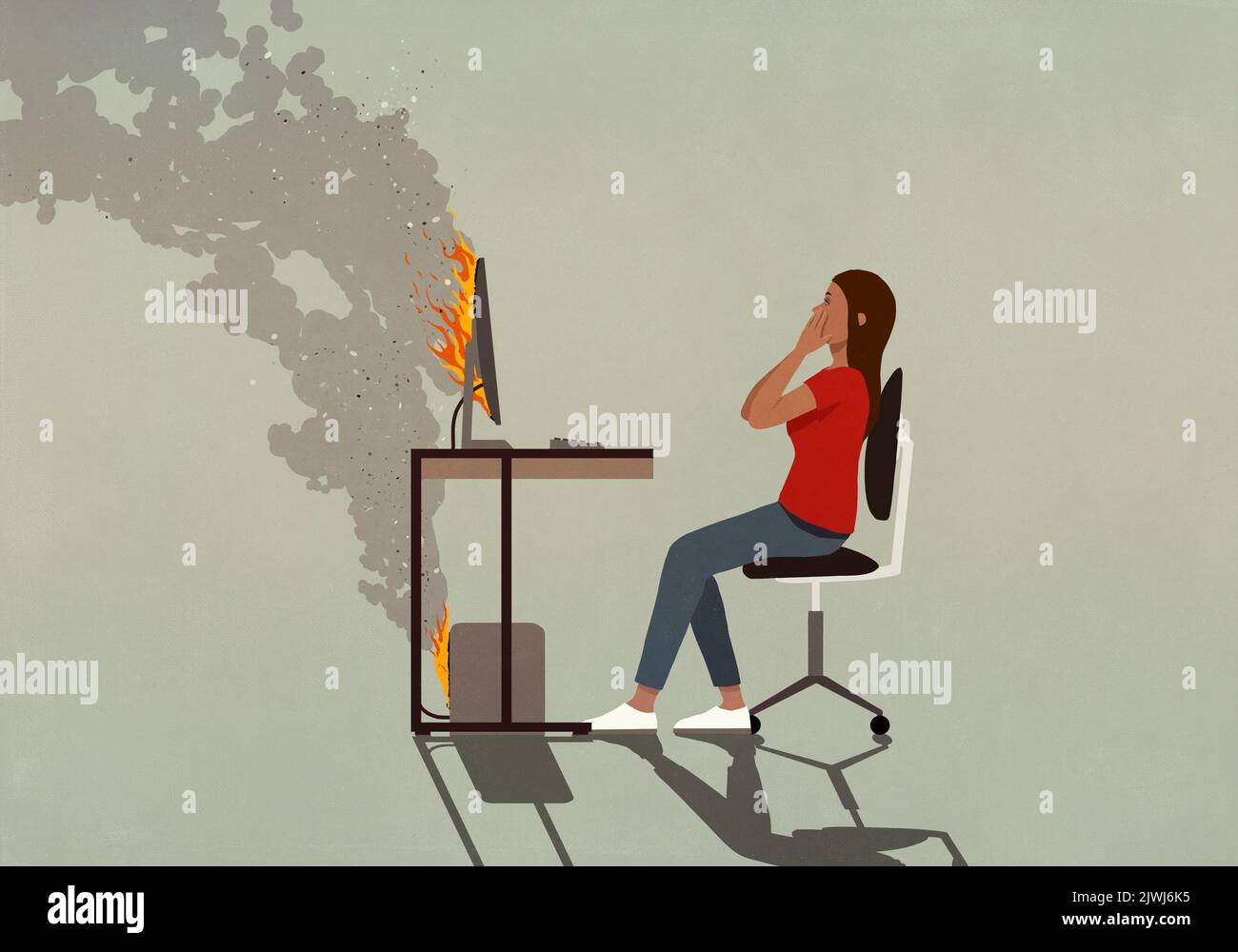 Shocked woman watching burning computer on fire Stock Photo - Alamy