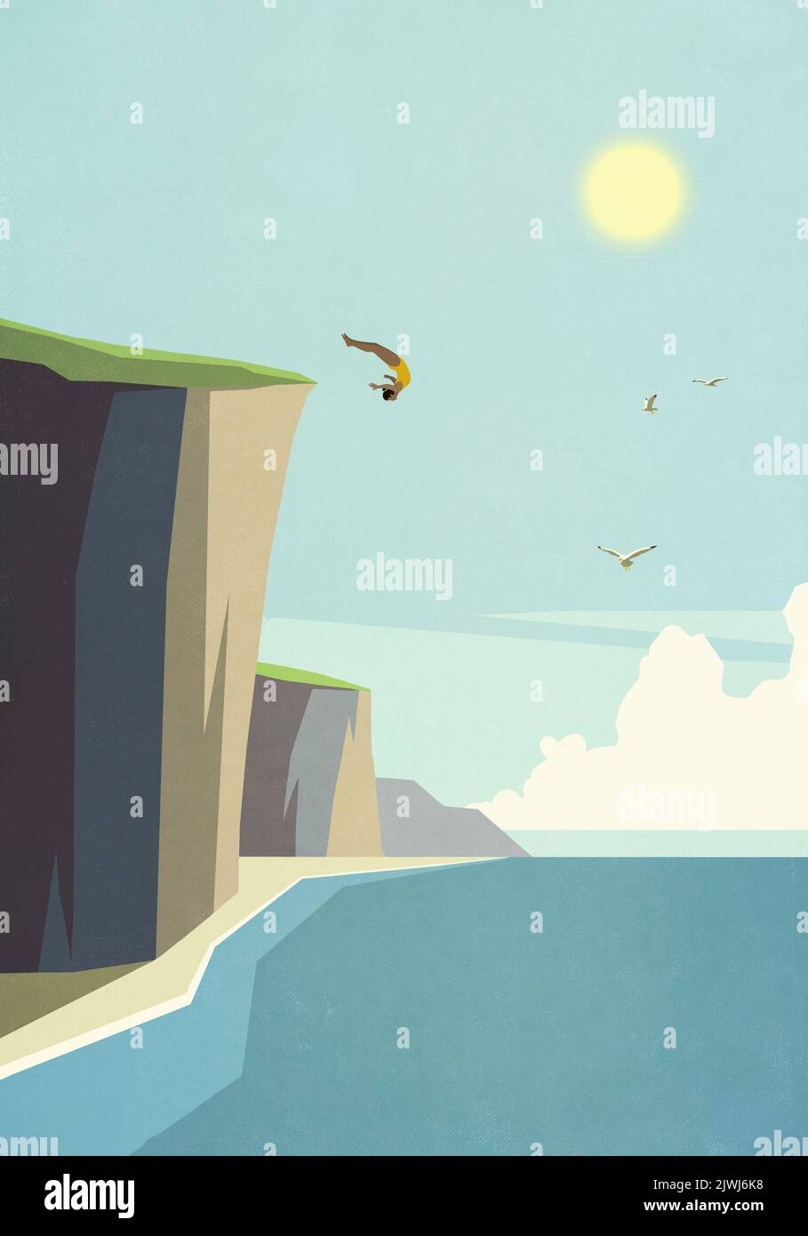 Woman diving off cliff into idyllic summer ocean Stock Photo - Alamy