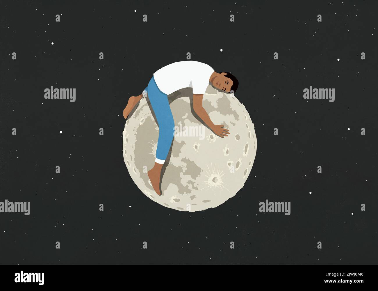 Tired man sleeping on top of the moon Stock Photo - Alamy