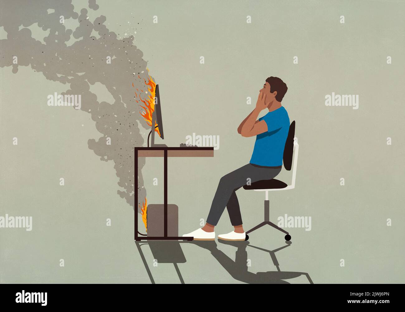 Shocked man sitting at smoking computer on fire Stock Photo - Alamy