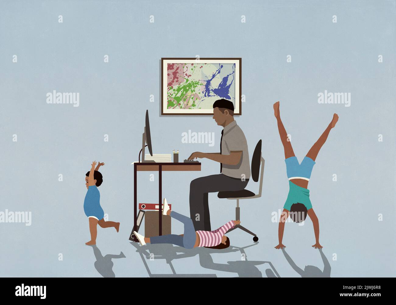 Kids playing around father working from home at computer in home office ...