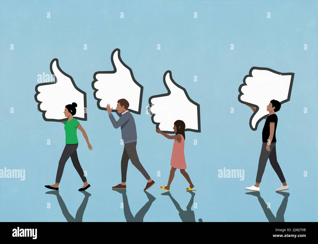 People carrying social media like and dislike buttons on blue ...