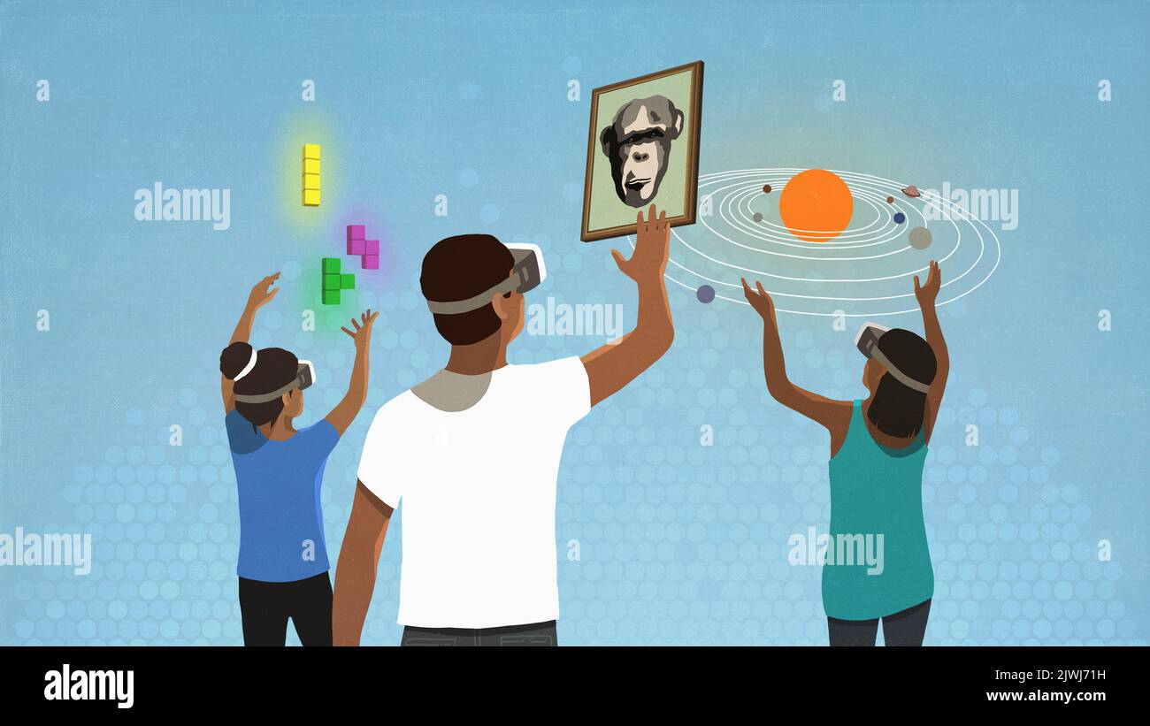 People in VR headsets playing video games Stock Photo - Alamy