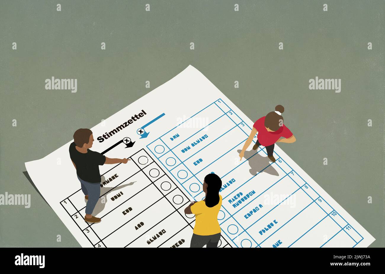 People talking and pointing on voting ballot Stock Photo - Alamy