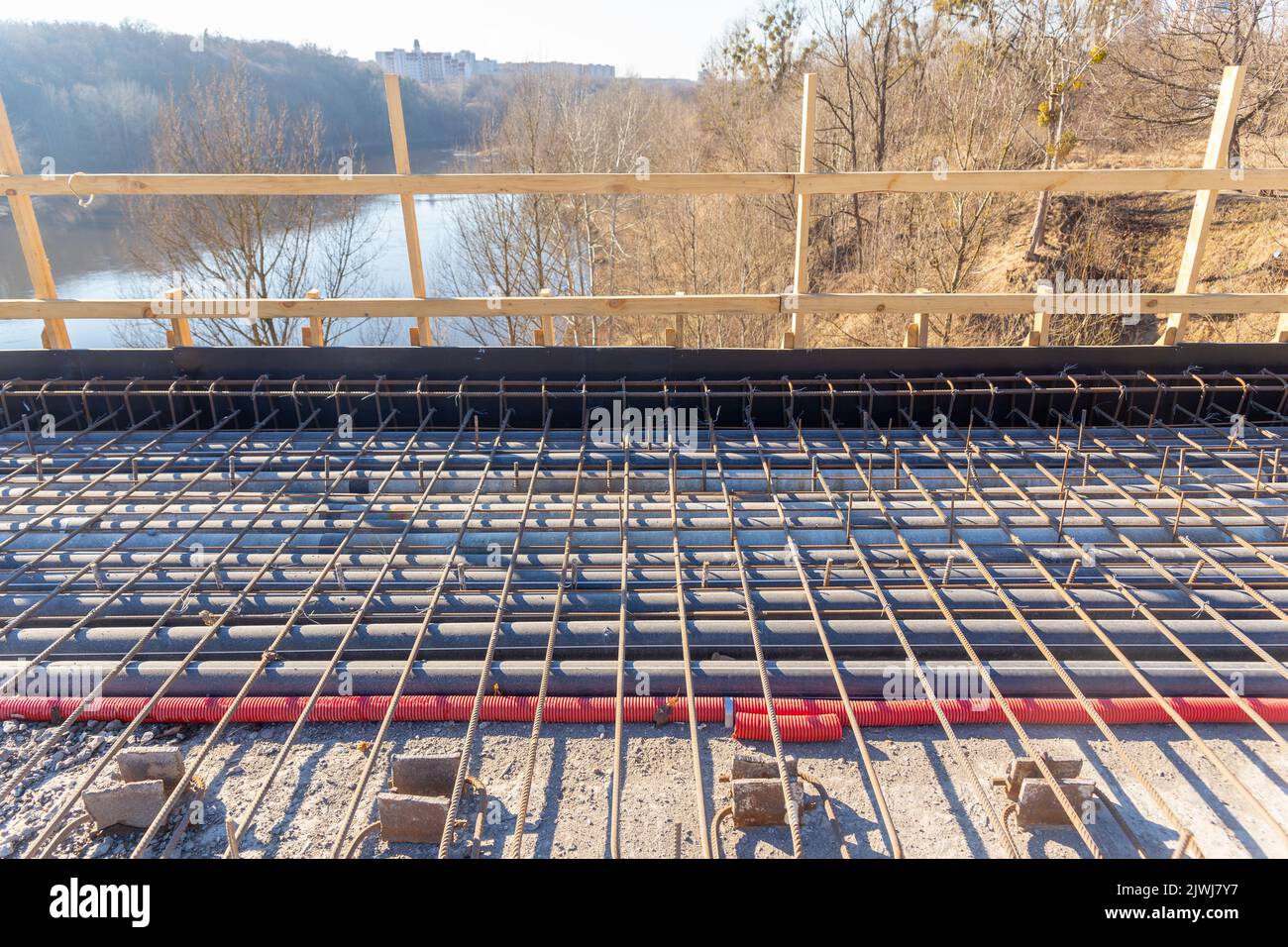 Restoration of the city bridge. New reinforcement binding have been ...