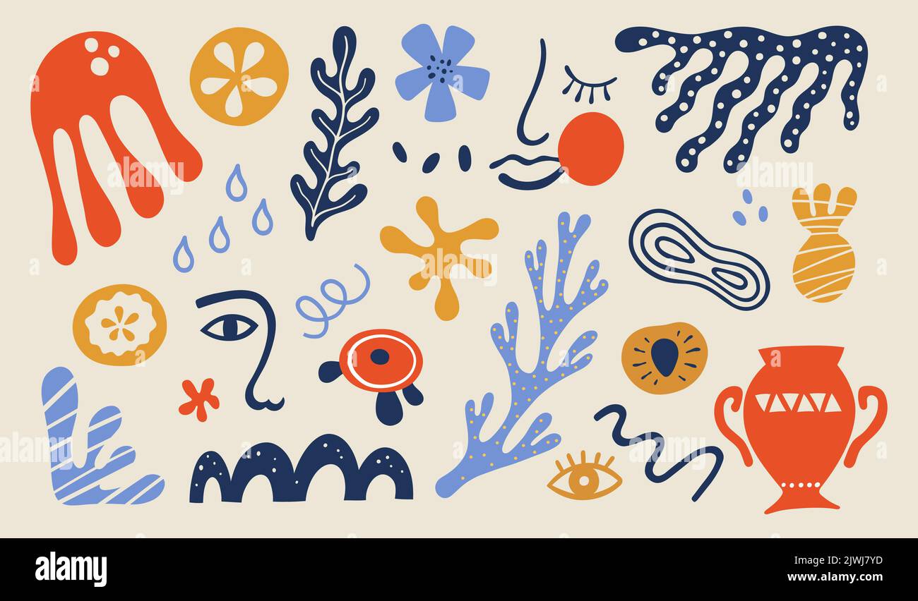 Organic blobs, tropic fruits and leaves in matisse style. Set of trendy ...