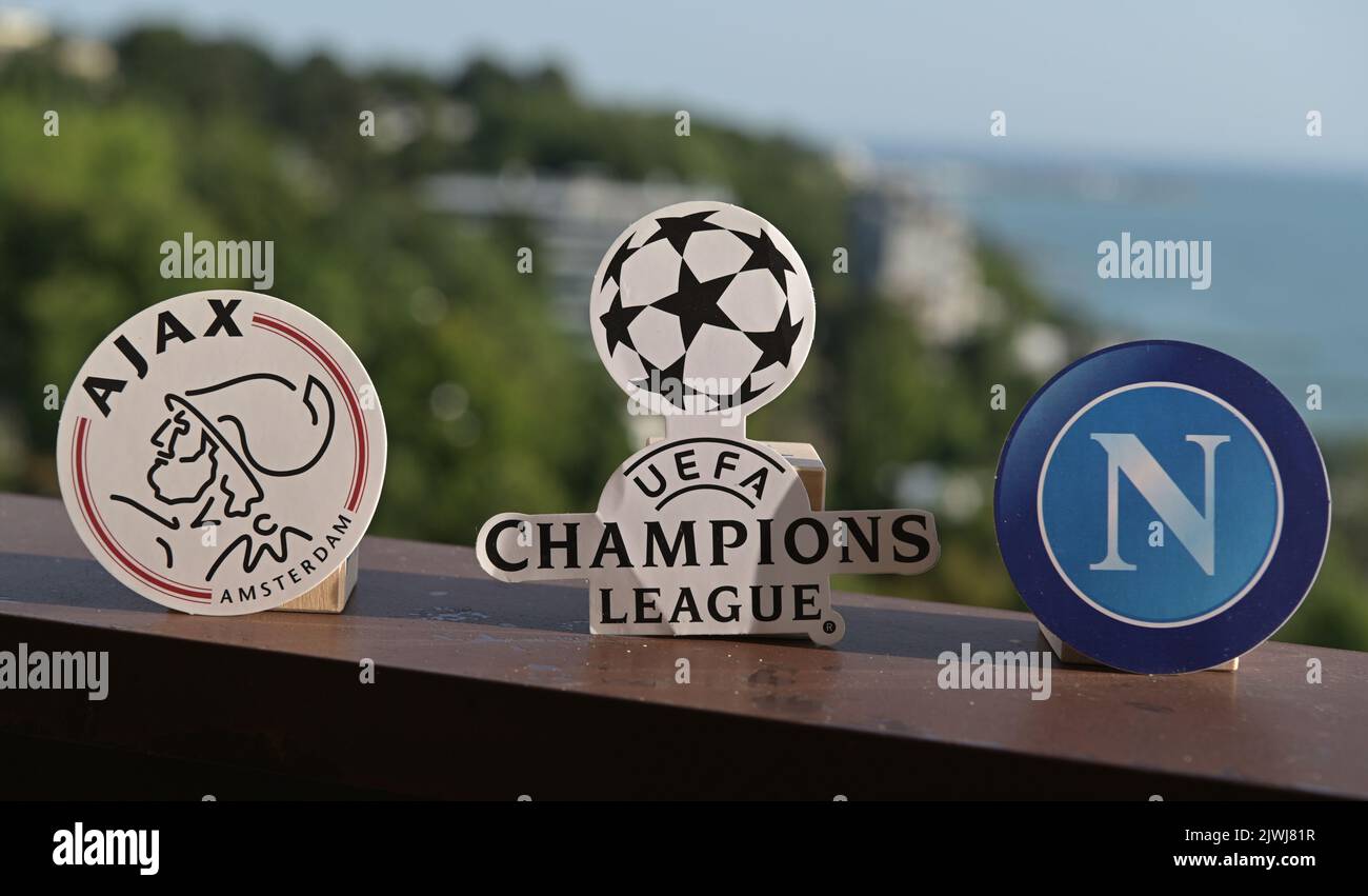August 26, 2022, Sochi, Russia. Emblems of the football clubs ...