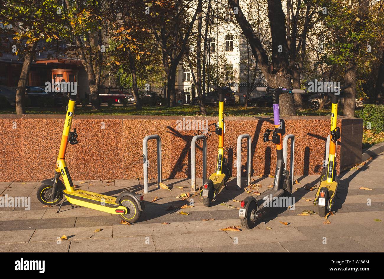 October 6, 2021, Moscow, Russia. Electric scooters of a sharing service ...