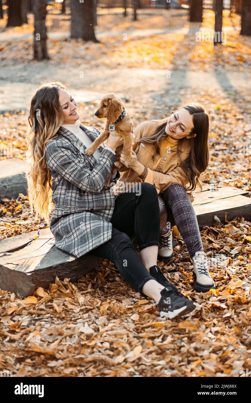 Two happy female friends girls having fun with cute cocker spaniel ...