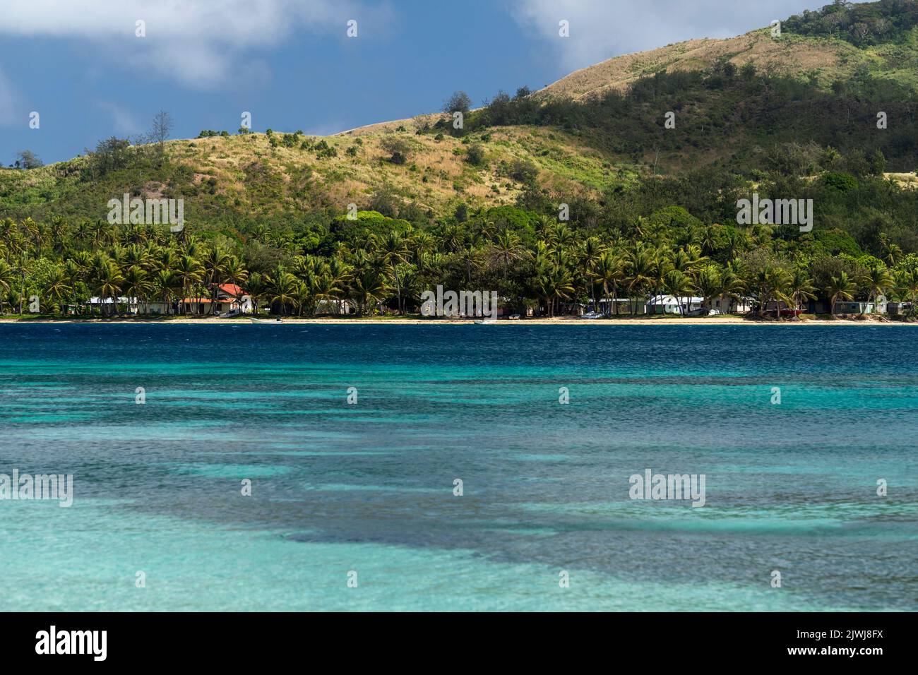 Blue Lagoon at Nanuya Island with Matacawa Levu Island in the distance ...
