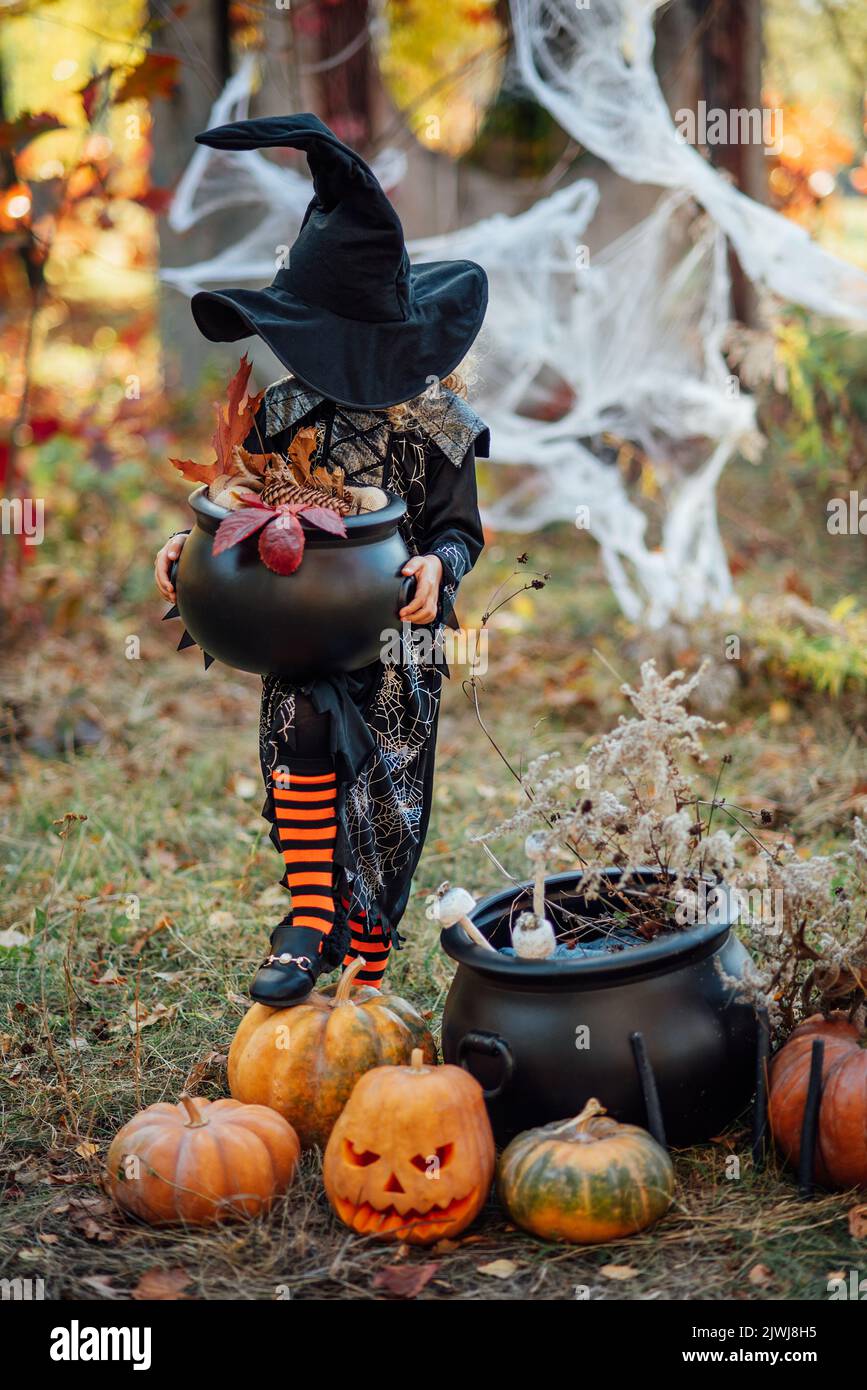 Beautiful girl witch. little girl in witch costume celebrate Halloween ...