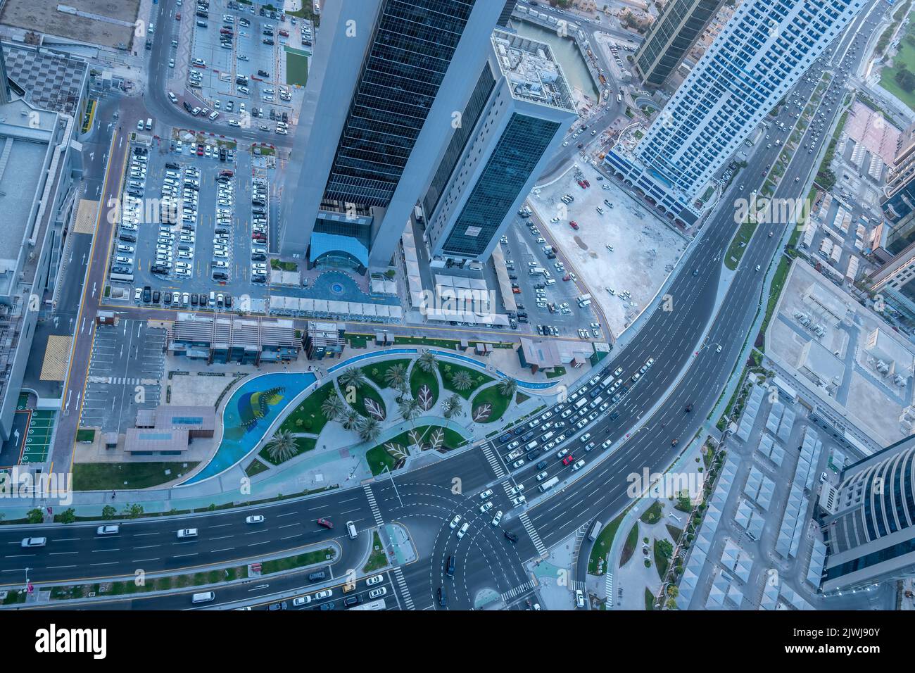 A high angle view of street intersection, cross walk markings, traffic ...