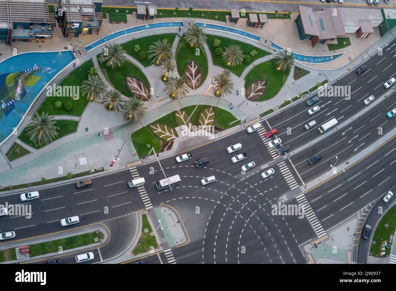 A high angle view of street intersection, cross walk markings, traffic ...