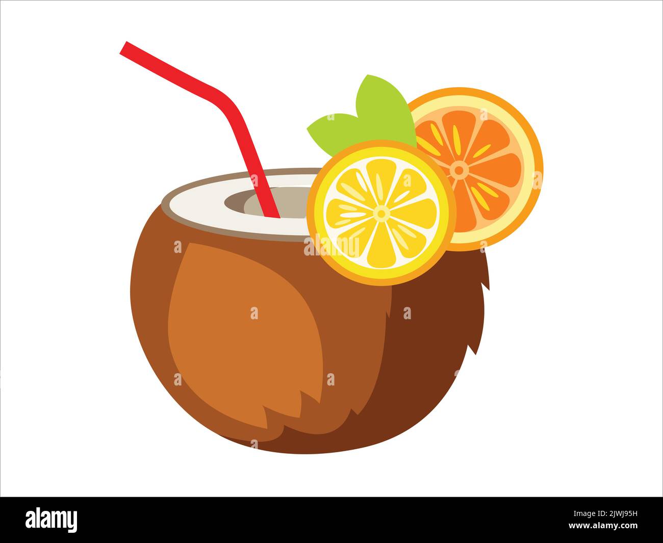 Pina colada cocktail in coconut with slice of oranges and umbrella ...