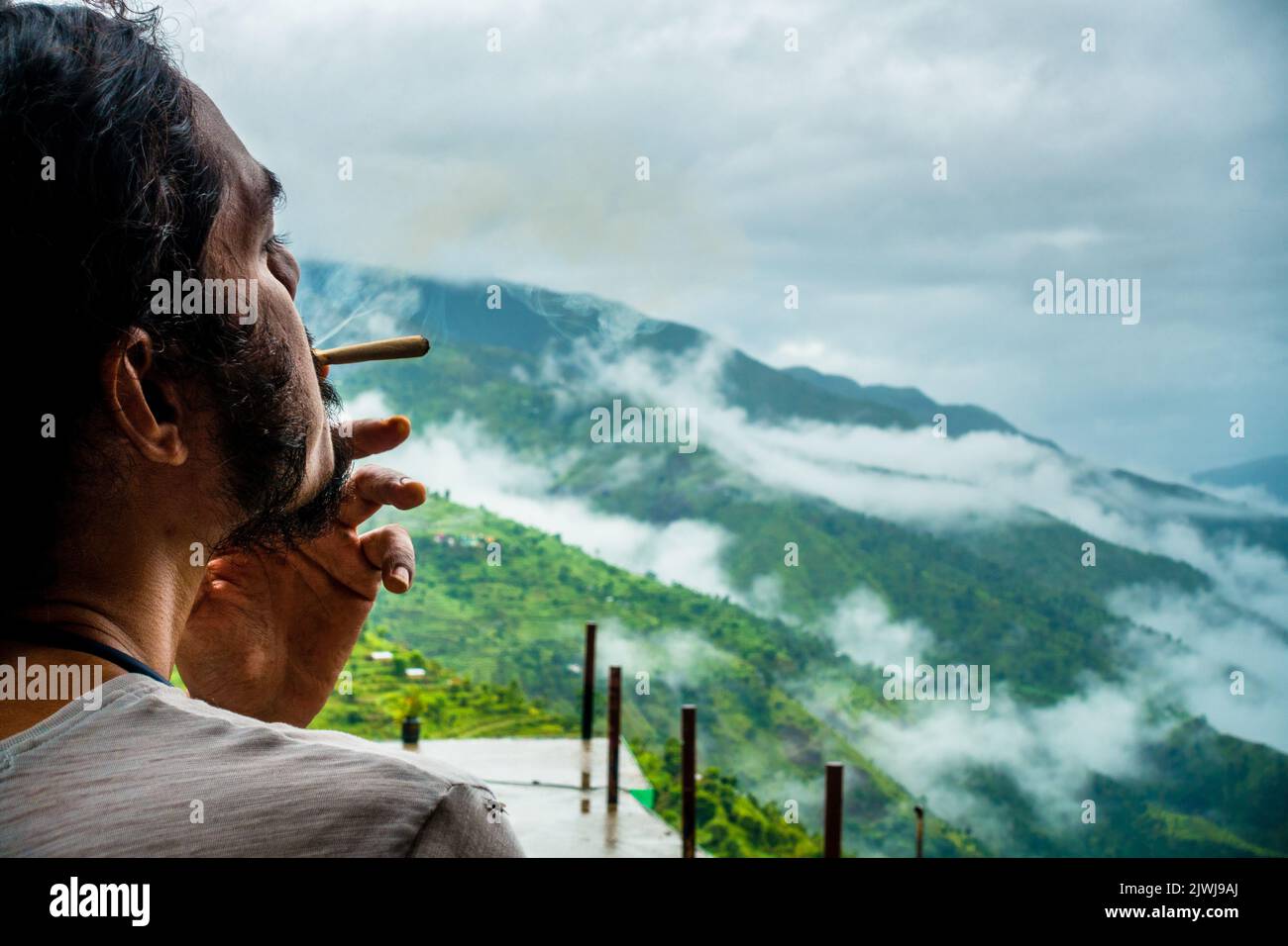 July 7th 2021. Uttarakhand India. A side pose of a young man with beard ...