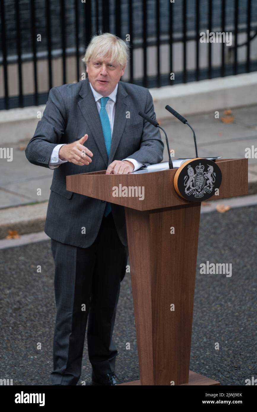 London UK. 6 September 2022. Boris Johnson delivers his farewell speech ...