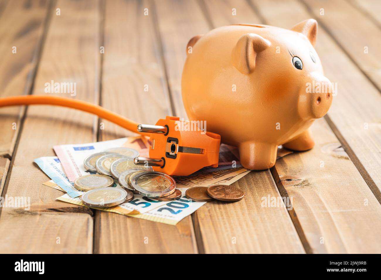 Electric plug, euro money and piggy bank on wooden table. Concept of ...