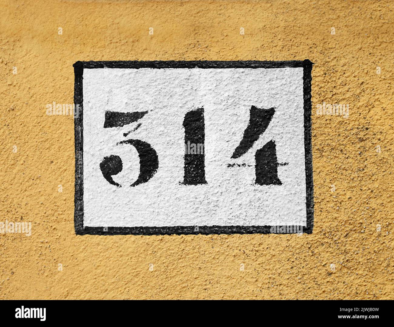 Closeup white rectangle with 314 number and black outline painted on ...