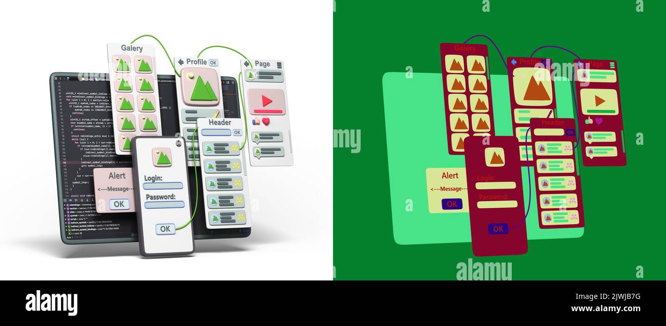 mobile software development concept smartphone with ui elements around 3d render on white with ...