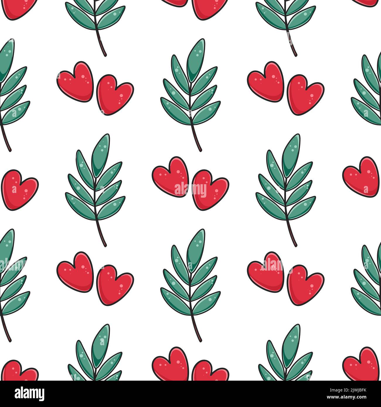 Hand drawn hearts and leaves seamless pattern. Background with cute ...