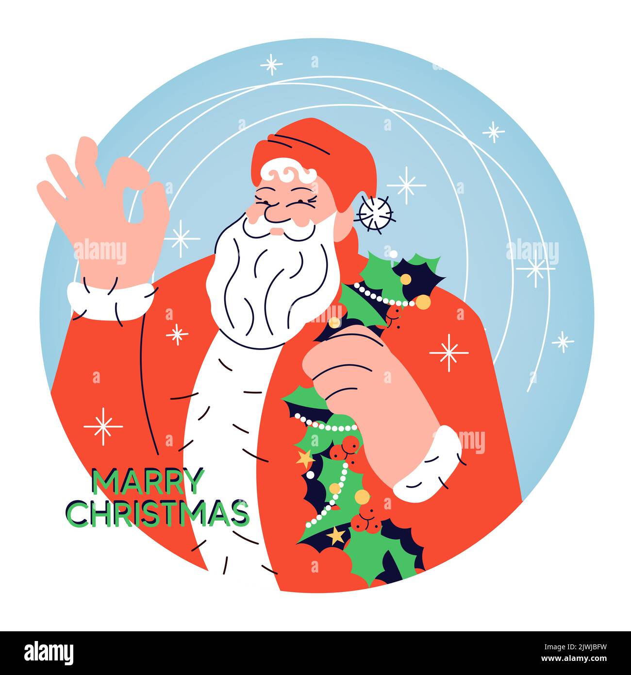 Christmas card with cute Santa Claus raised a hand and shows okay. Merry Christmas and Happy New ...